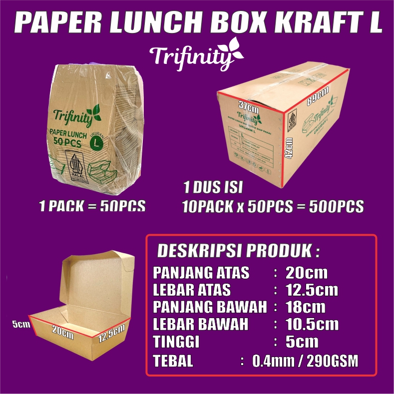 paper lunch l kraft pack 50pcs kotak trifinity halal